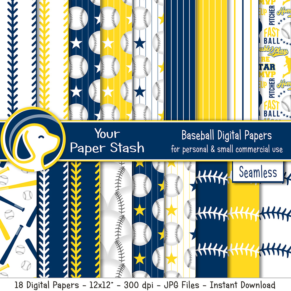 Seamless Baseball Digital Patterns Navy Blue Yellow – Your Paper Stash
