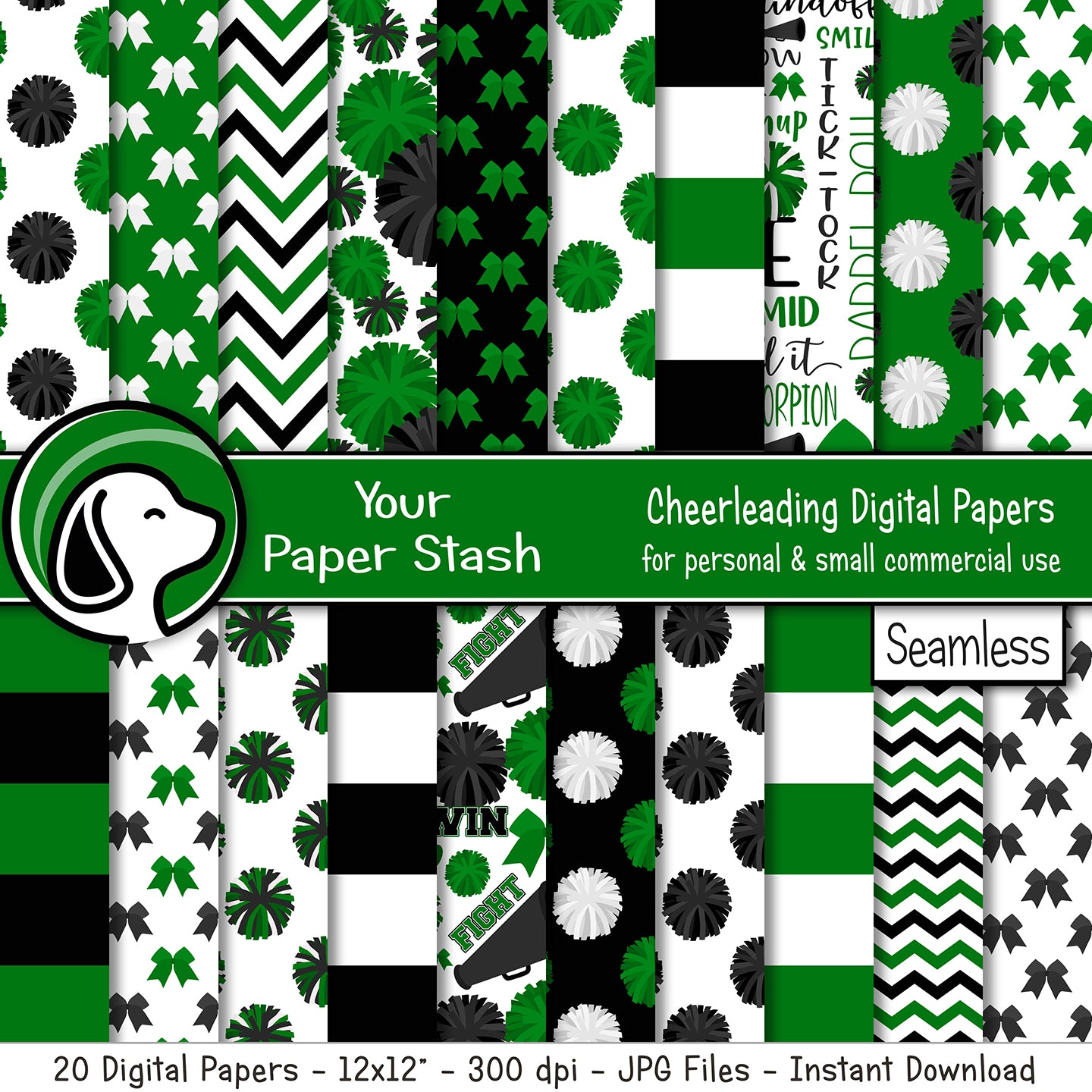 Green Black Cheerleading Digital Paper Pack, 20 Seamless Cheer Team Ba ...