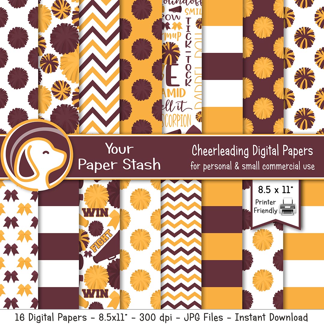 Printable Maroon and Gold Cheerleader Digital Papers and Backgrounds ...