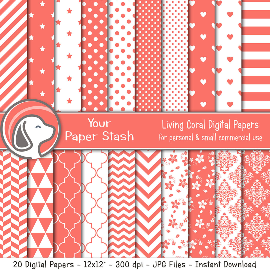 Living Coral Digital Scrapbook Papers & Backgrounds with Polka Dots St ...