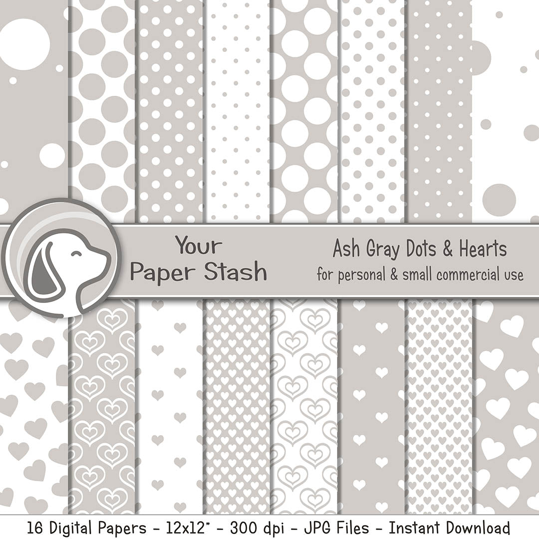 Ash Gray Polka Dot And Heart Digital Scrapbook Paper Pack – Your Paper ...