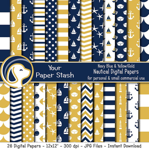 Navy Blue & Gold Nautical Digital Paper Pack for Scrapbook Pages, Naut ...
