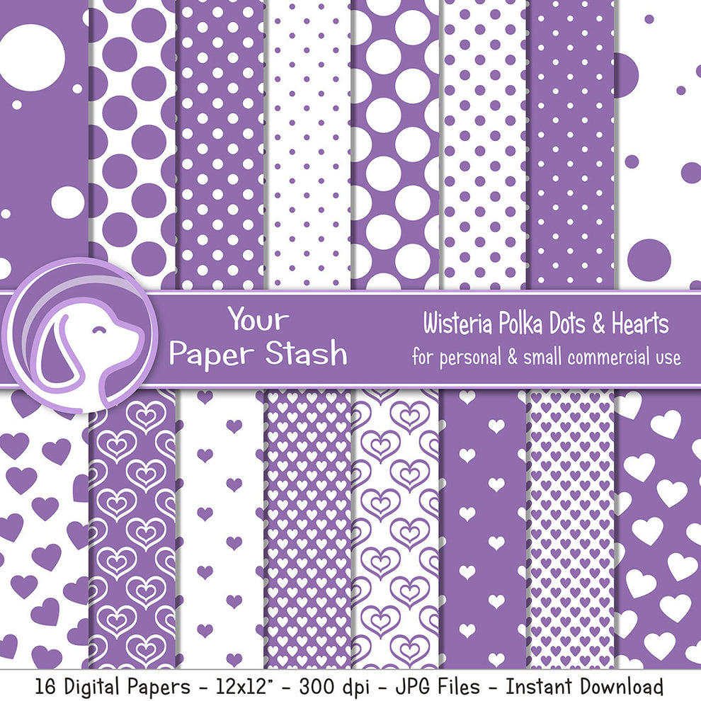 Purple Polka Dot and Heart Digital Paper for Birthday Scrapbook Pages ...